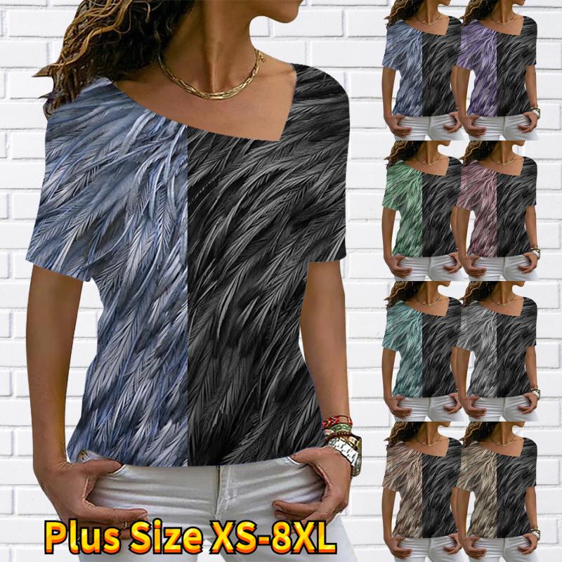 Buy Ladies 3D Wicker Print Irregular Collar Short Sleeve Base Outing ...