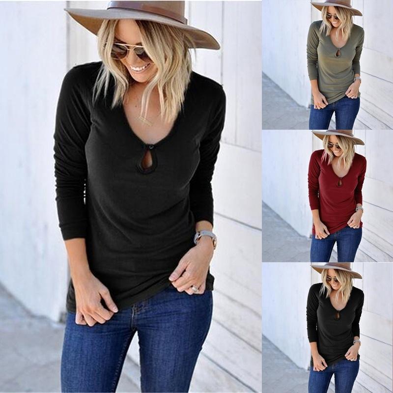 Buy Women Fashion Long Sleeve Shirt Solid Color Tops Blouse Casual T ...