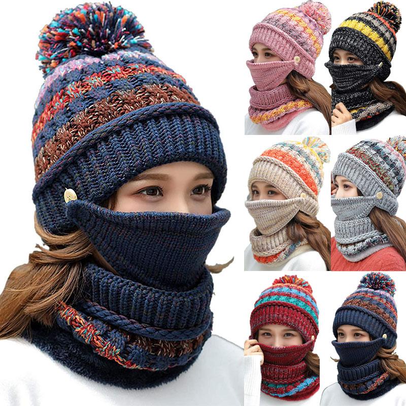Buy 3 In 1 Womens Girls Knit Beanie Scarf Mask Set Face Cover Soft Warm ...