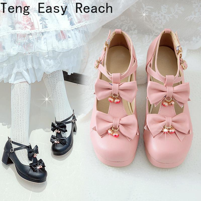 Buy 2022 Spring Fall Bowtie Jk Lo Strawberry Princess Cosplay Pumps T-Strap Cross Strap Block ...