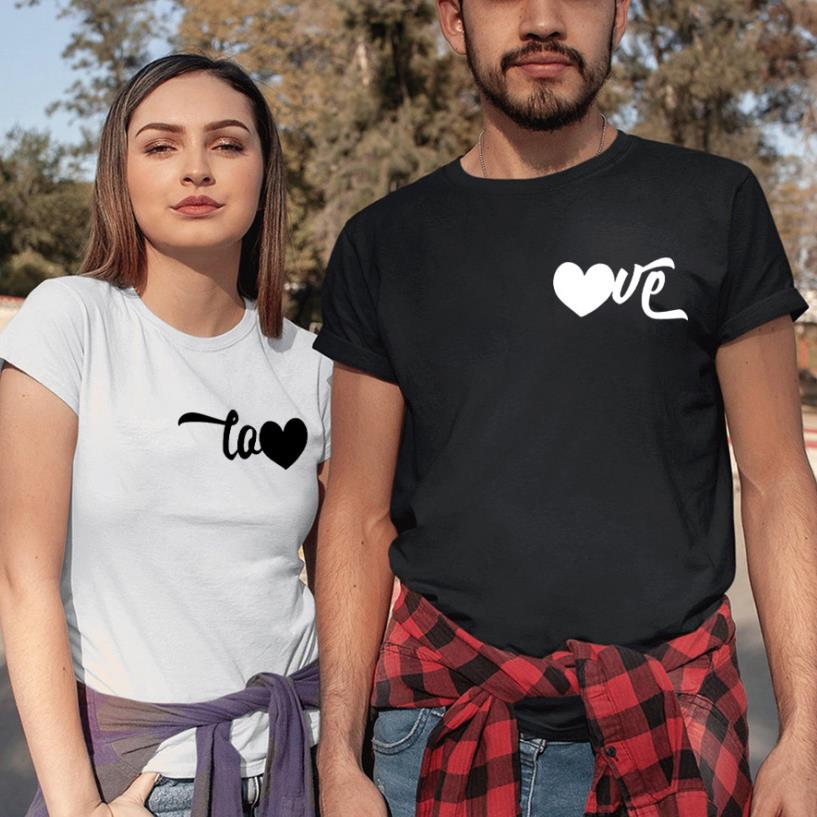Little Heart Splicing Love Print Couple T Shirt Short Sleeve O Neck ...