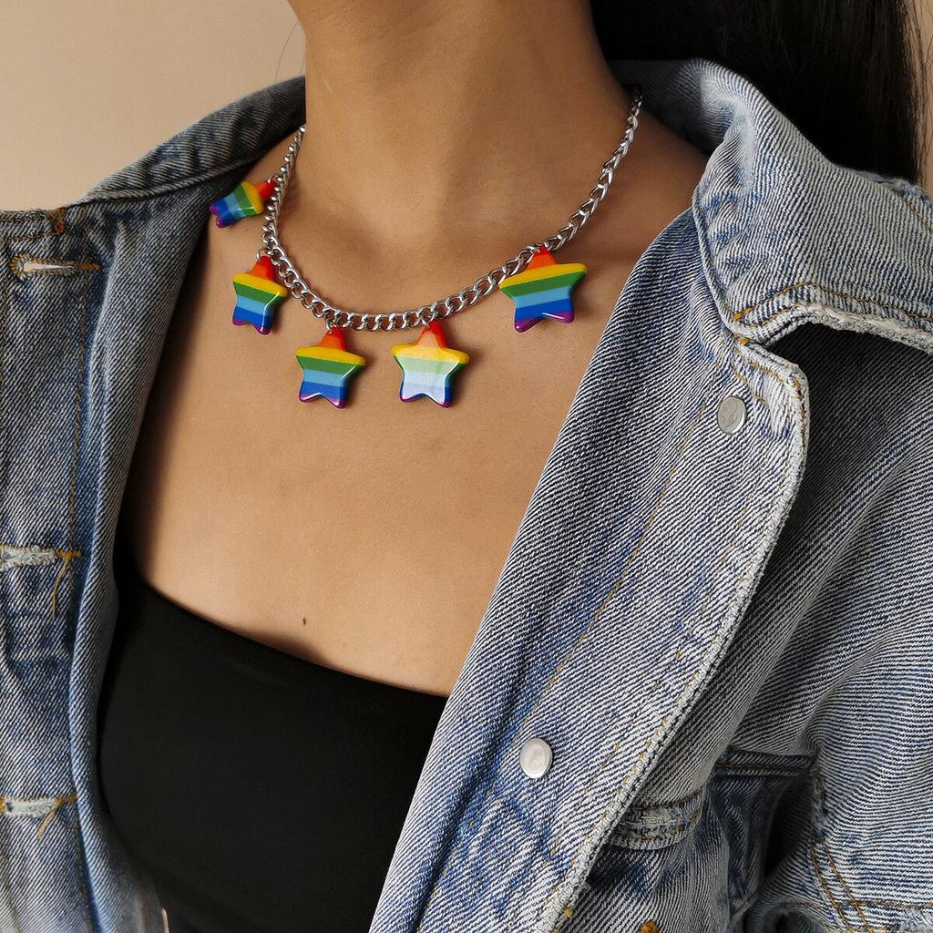 Buy Single-layer Cross Chain Tassel Colored Stars Rainbow LGBT Alloy ...