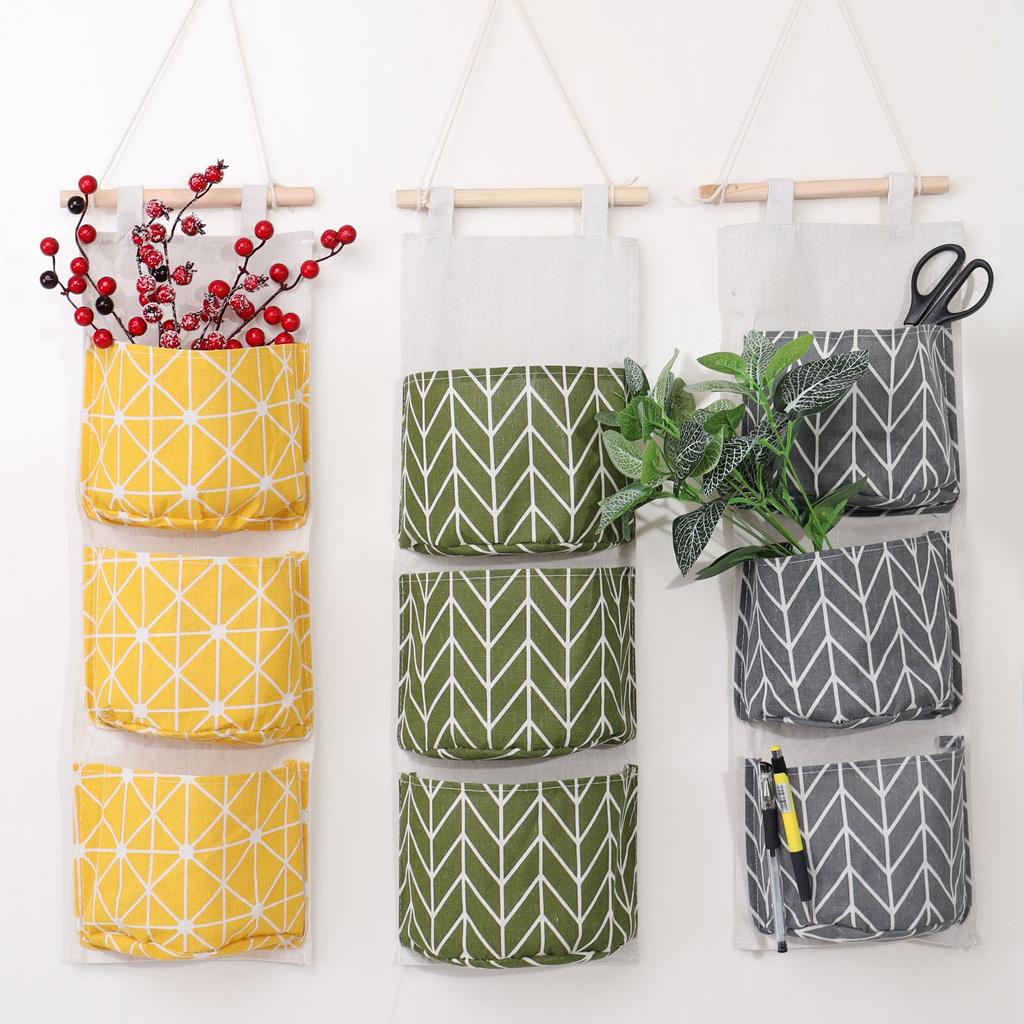 Buy Wall Hanging Storage Bag Fabric Pouch 3 Pockets Multilayer Closet ...