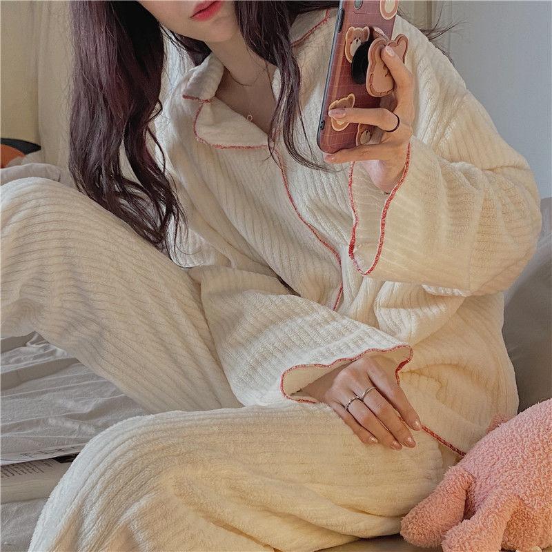 Buy Pajamas for Women Winter Coral Fleece Pijamas Apricot Purple Gray ...