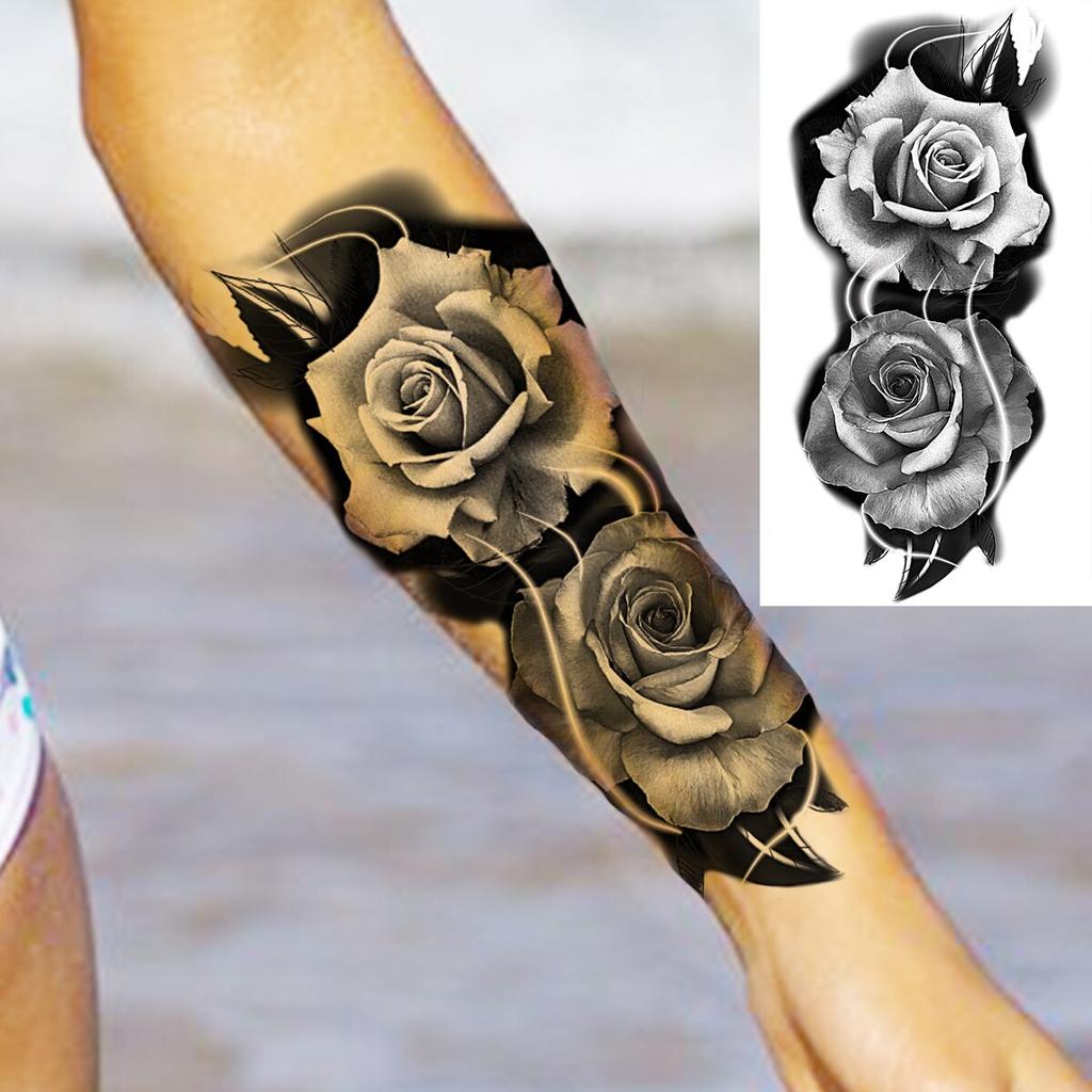 Black Scary Rose Flower Gangster Temporary Tattoos For Women Men Wolf Lion Pirate Skull Fake ...