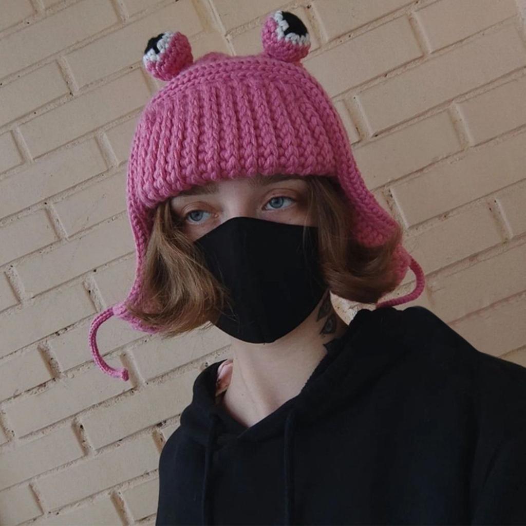 Buy Knit Earflap Beanie Crochet Hat Cute for Frog Eye Hat Knit Bomber ...