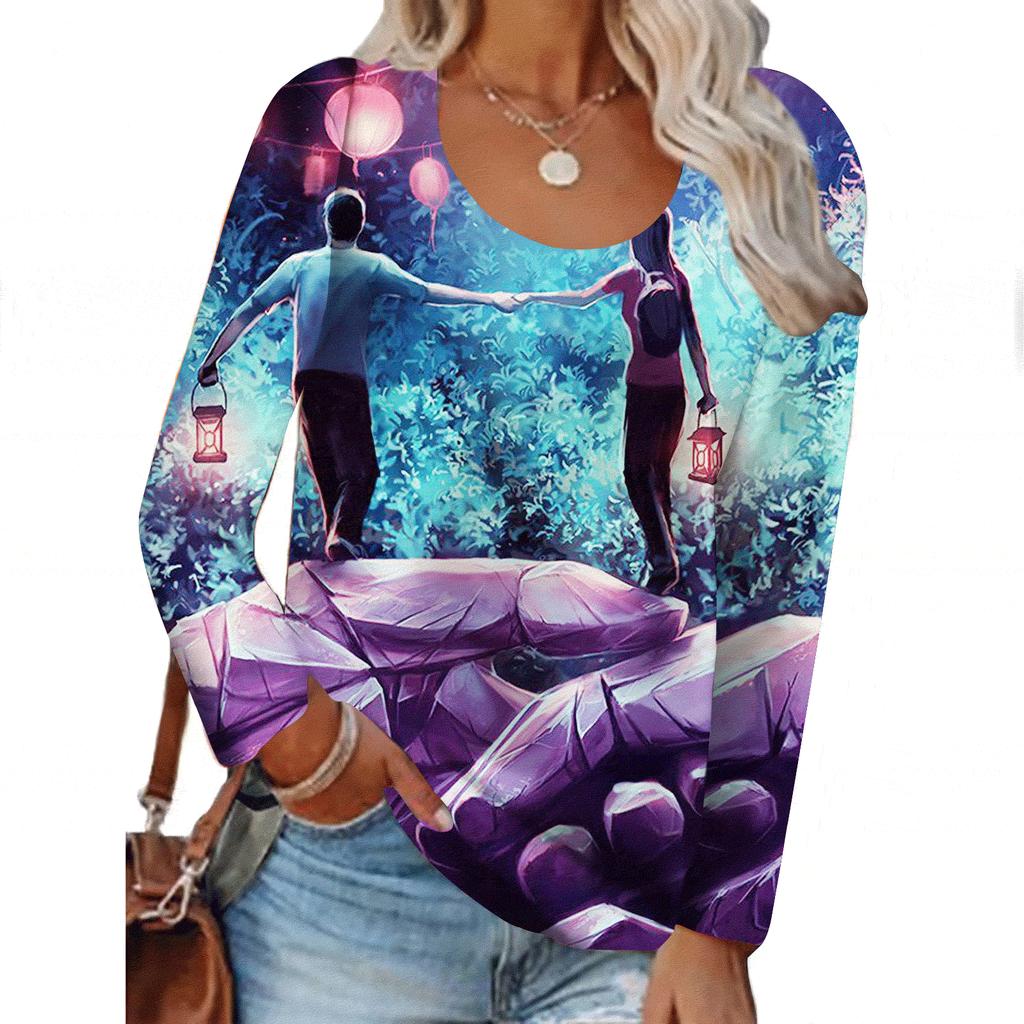 Buy 2023 Long Sleeve Printed Women's Vintage Fashion Plus Size Top XS ...