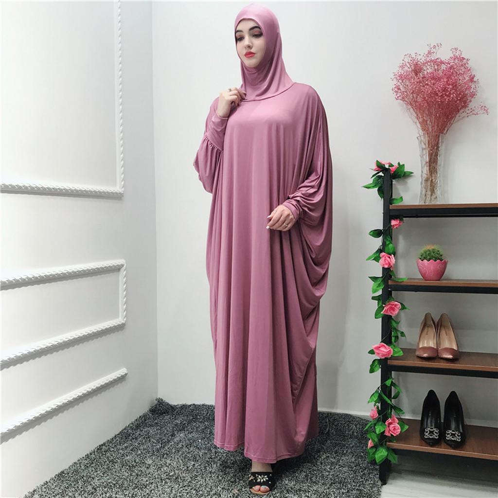 Buy Women Muslim Dresses Solid Color Headgear Mosque Bat Sleeve Robes ...