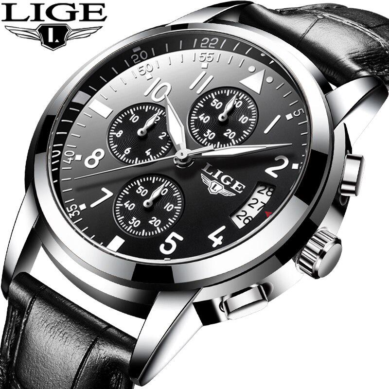 Buy LIGE Men Casual Leather Clock Mens Watches Top Quartz Wrist Watch ...
