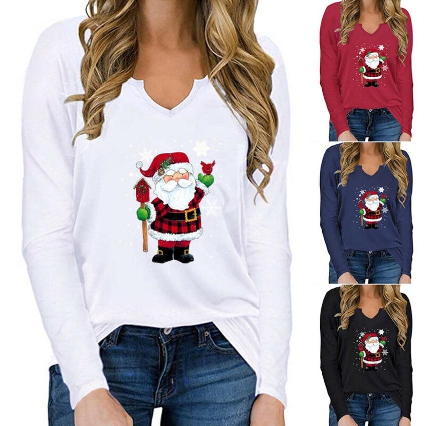 Buy Womens Christmas Long Sleeve Tunic Santa Printed T-shirts Loose ...