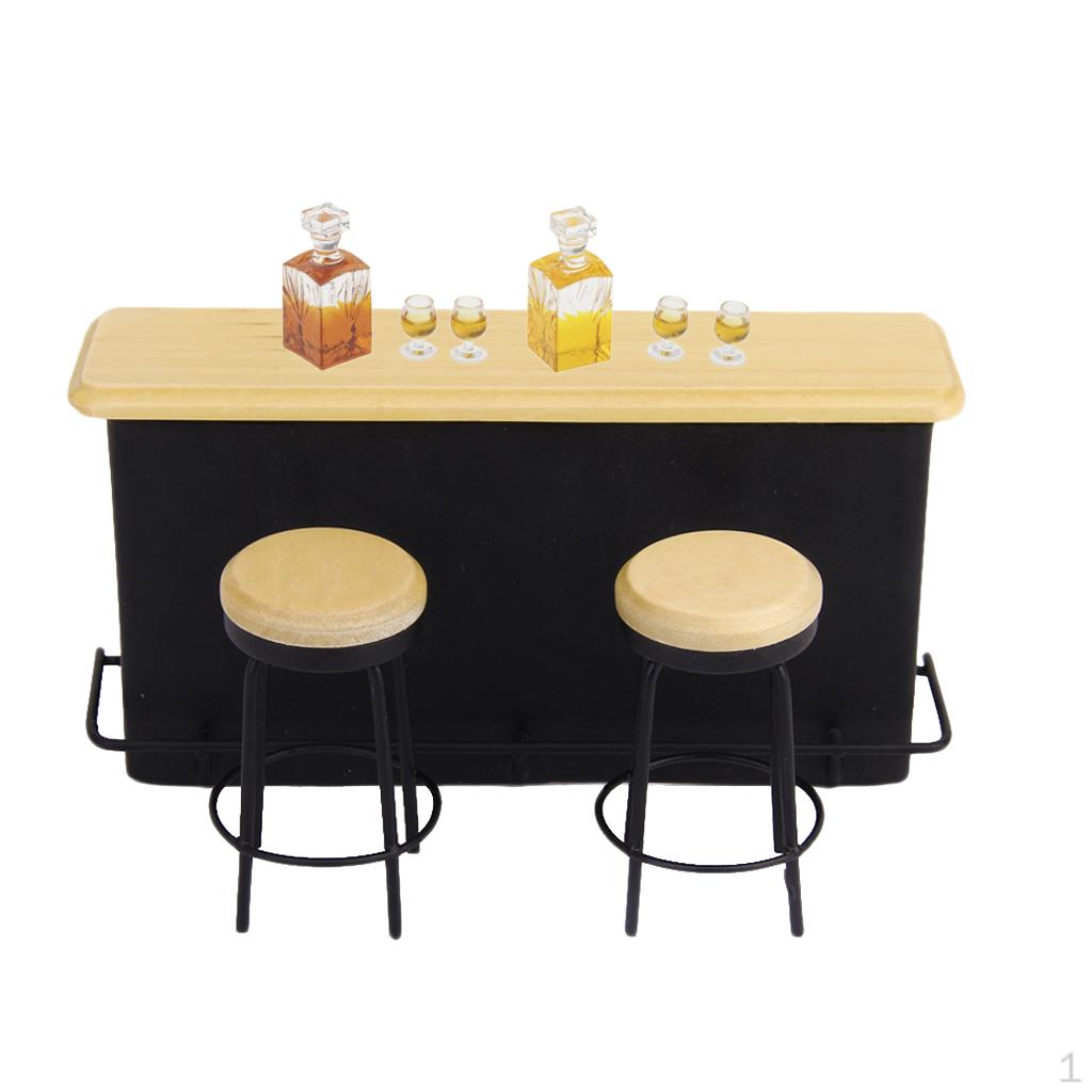 Buy 1/12 Dollhouse Miniature Bar Counter Table Chair Stool Wine Bottle ...