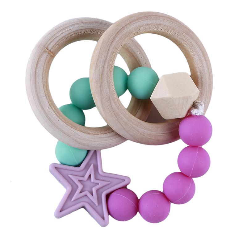 Buy Silicone Beads Baby Teething Bracelet Natural Wooden Ring Chewable ...