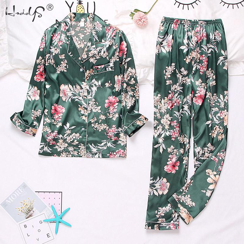 Cheap Winter Print Pattern Women Pajama Set Satin Silk Turn -Down ...