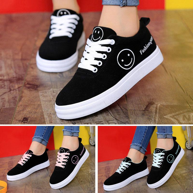 Buy Women Fashion Smiling Face Print Casual Canvas Flat Sports Shoes at ...
