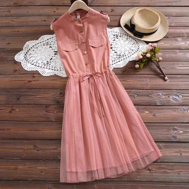 Satın alın Kore Elbiseleri Kadın Pembe Yaz Net İplik Hem Kolsuz Midi ...