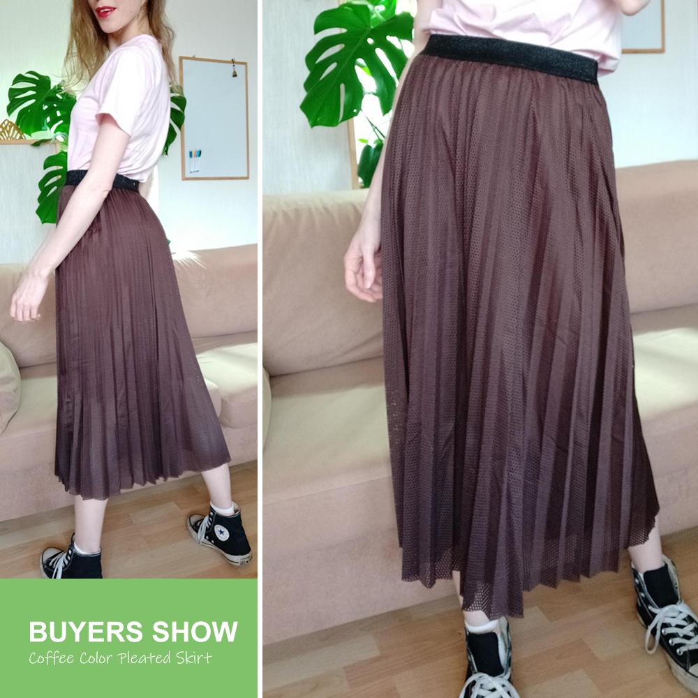 Cheap Qooth New Summer Coffee Color Pleated Skirt Women High Waist Mid ...