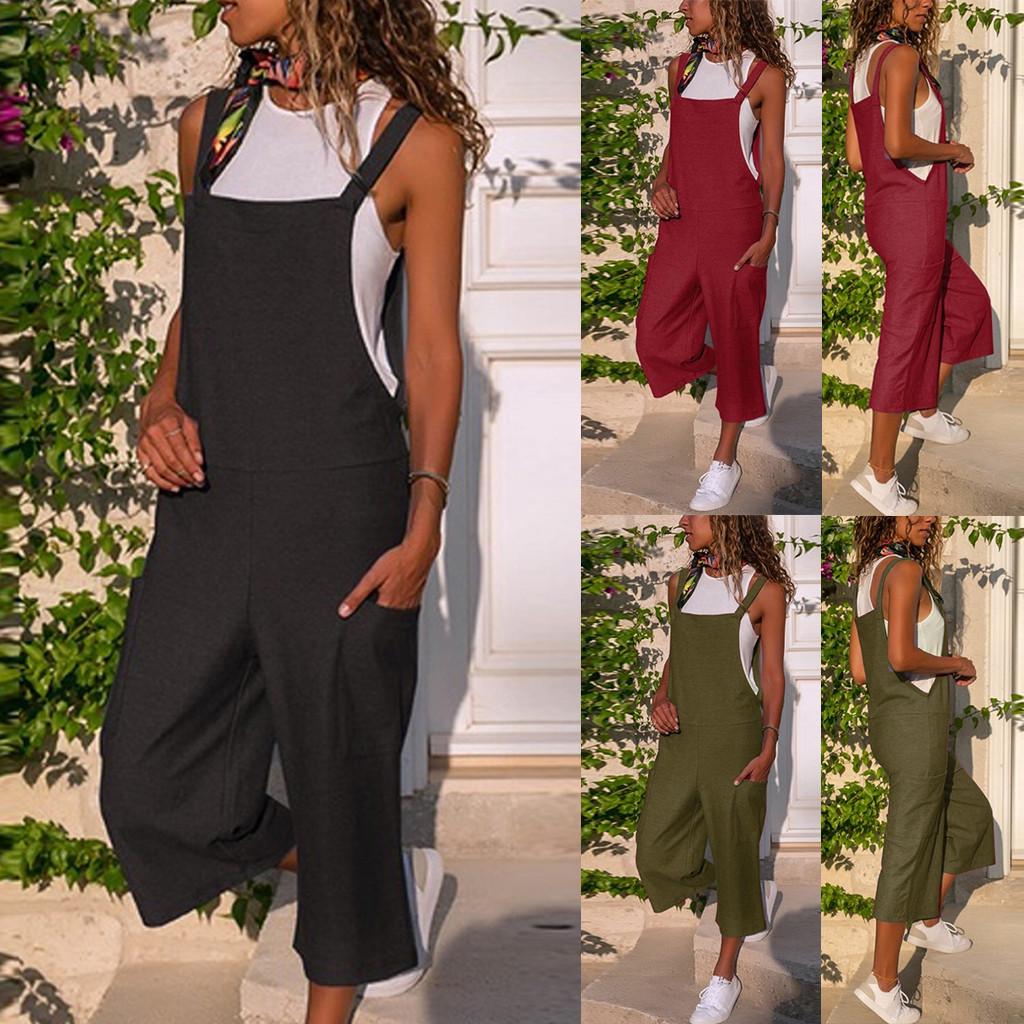 Buy Women Sleeveless Dungarees Loose Cotton Linen Long Playsuit Party ...