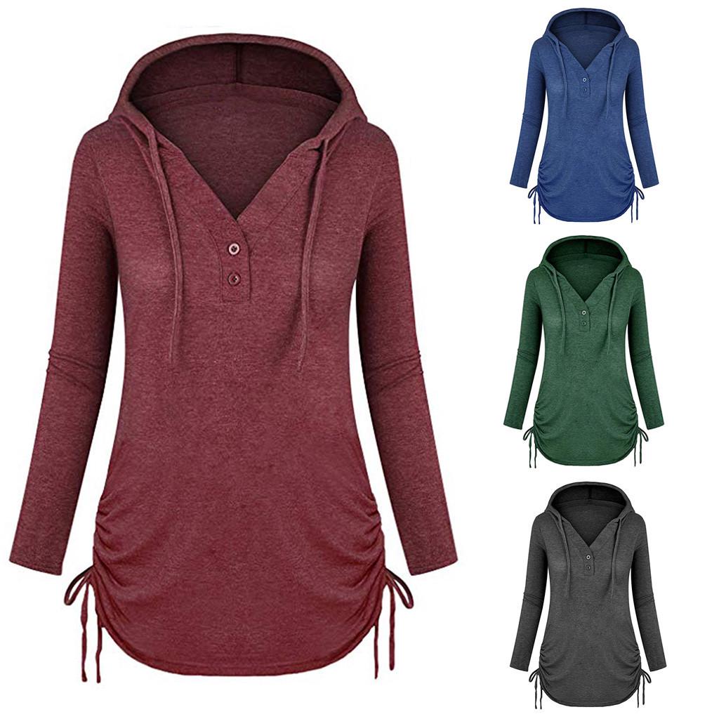 Buy Women Hoodie Solid Long Sleeve Ruched Drawstring Sweatshirt ...
