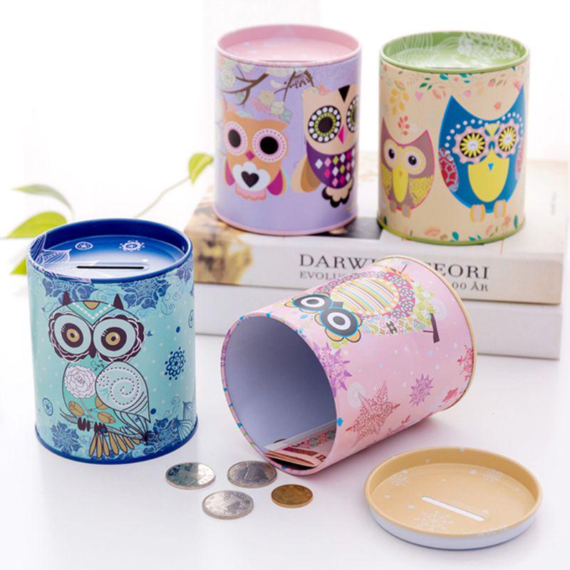 Buy Tinplate Cylinder Piggy Bank Cartoon Owl Patterns Money Saving Box ...