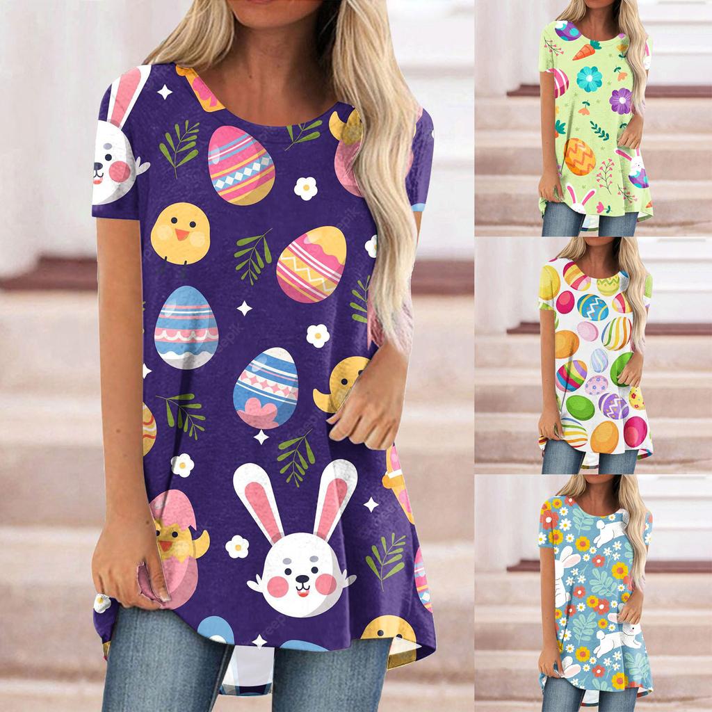 Cheap Women Casual Easter Printed Short Sleeve Round Neck Pullover ...