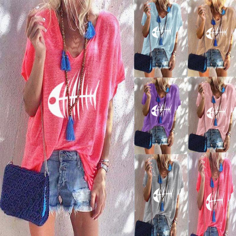Buy Women Summer Casual V-Neck Short Sleeve Fishbone Printed Shirt Lady ...