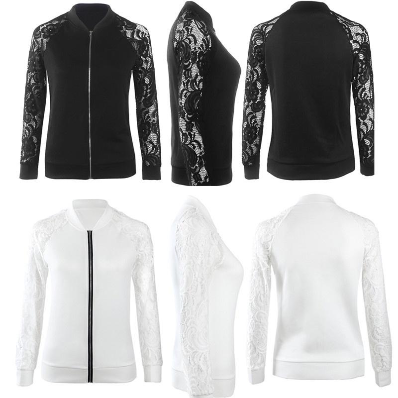 Buy Women Long Sleeve Lace Stitching Hollow Bomber Jacket at affordable ...