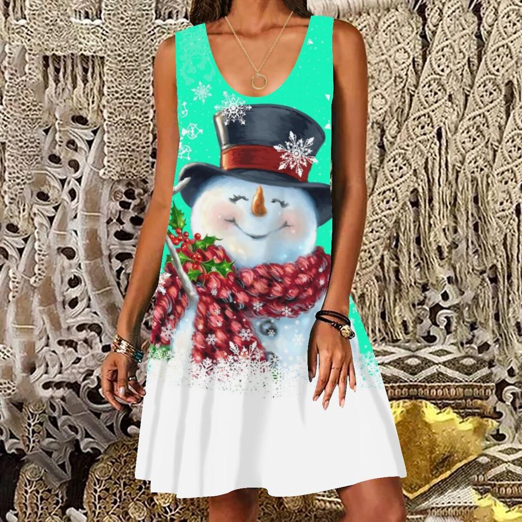 2022 Yaz Yeni Moda Kadın Gevşek Rahat Yuvarlak Boyun Noel Kardan Adam Baskı Artı Boyut Kolsuz ...