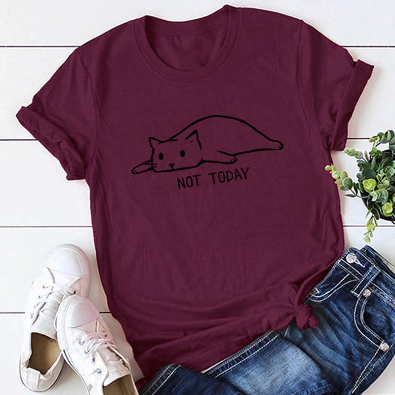 Buy Funny Women T-shirt Not Today Cartoon Cat Letters Print Cotton ...