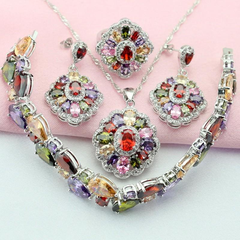 Buy Multicolor Zircon Silver Color Jewelry Sets for Women Earrings Ring ...