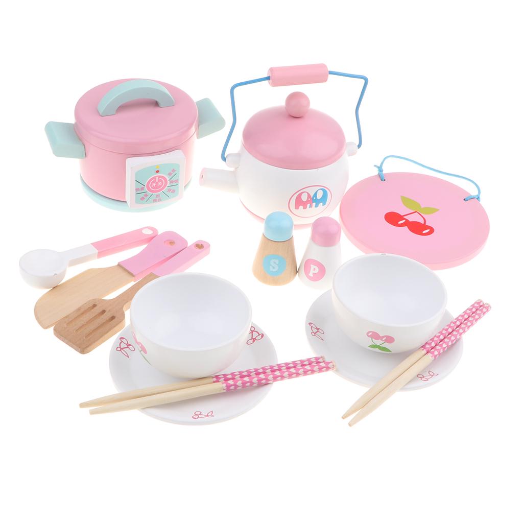 Buy 14x Wooden Kichen Toy Cooking Utensil Play Food Pot Bowl Dinnerware ...