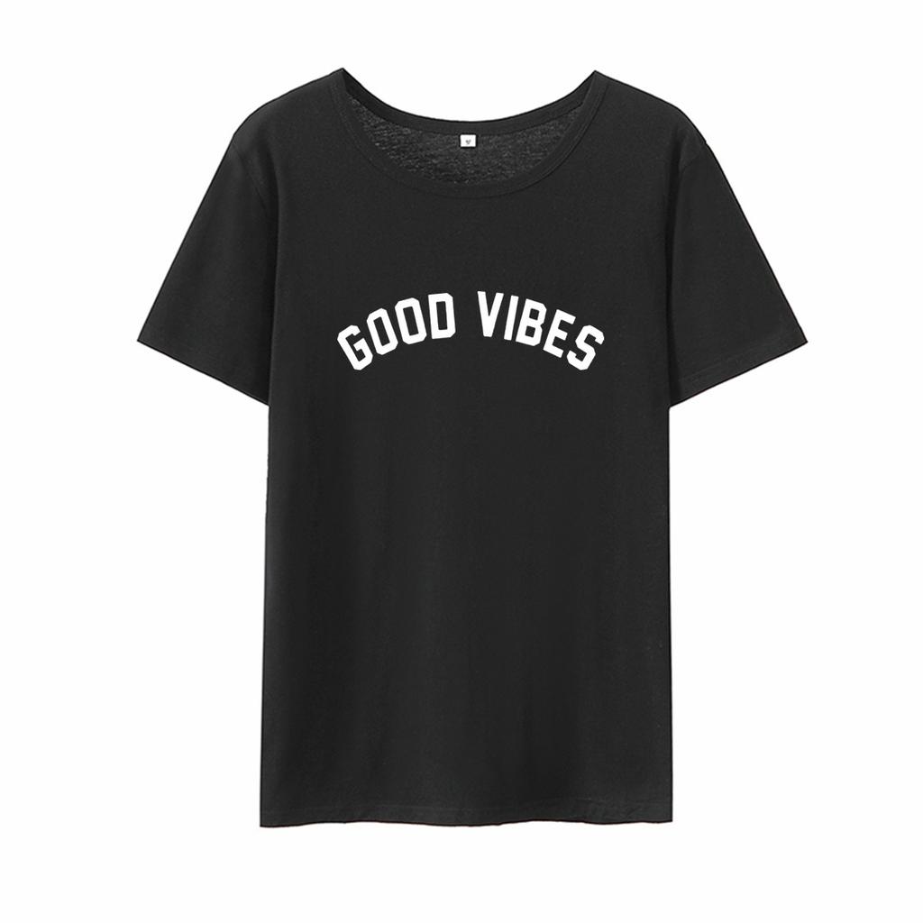 Good Vibes Funny T Shirt Women Top O-Neck Loose Black Tshirt Women ...
