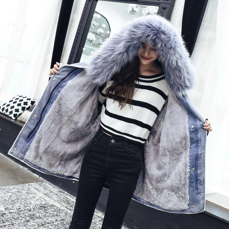 Buy Plus Velvet Thicken Denim Winter Jacket Women Hooded Faux Fur ...