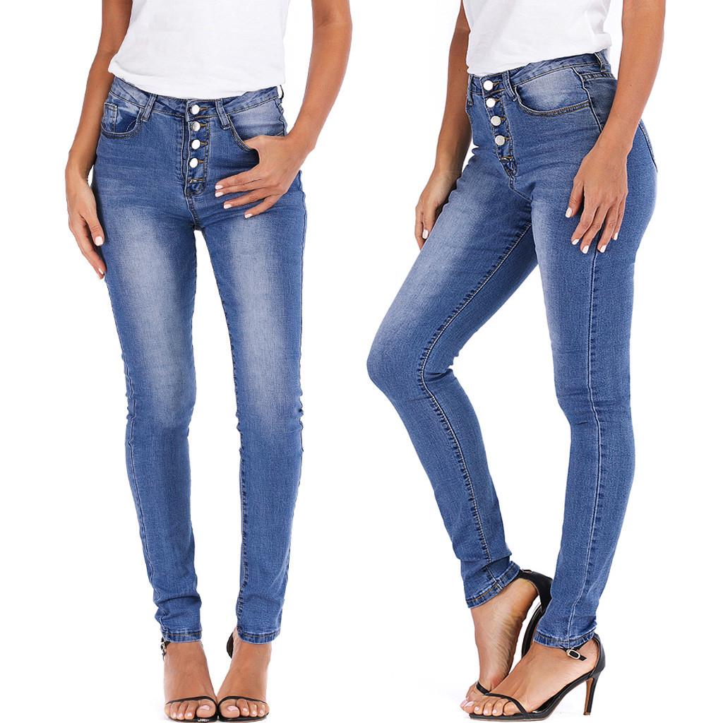 Fashion Women High Waist Buttons Bodycon Casual Pencil Full Jeans Pants ...