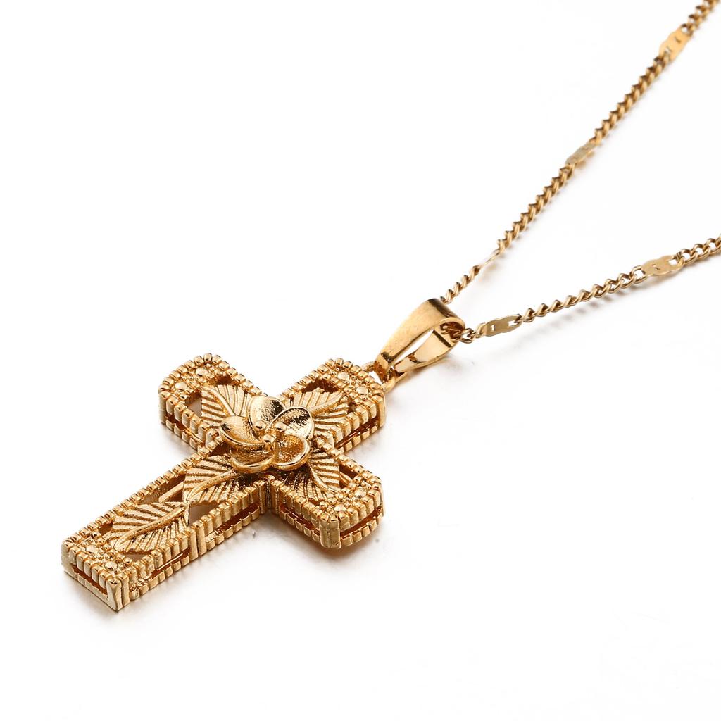 Buy Gold Color Flower Leaf Cross Pendant Necklace Eterner Trendy Flower ...