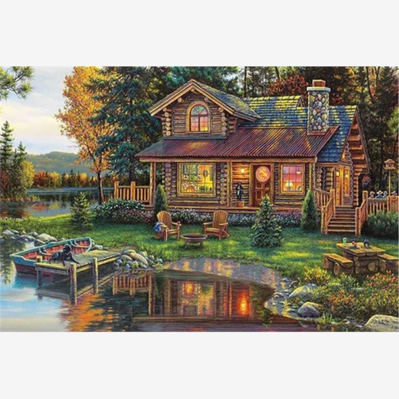 Buy 5D DIY Full Drill Round Diamond Painting " Log Cabin " Home ...