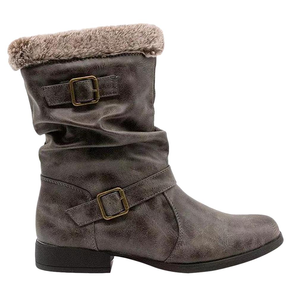 Buy Women Mid Calf Snow Boots Winter Fur Shoes Low Flat Buckle Warm ...