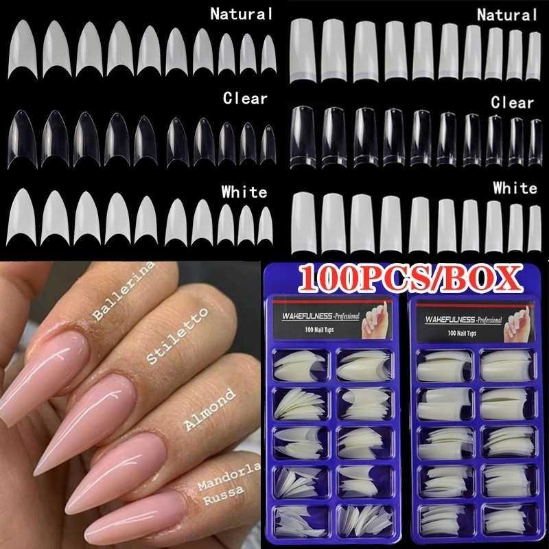 100pcs Transparent Semi-paste Square French Stiletto False Nail Art ...