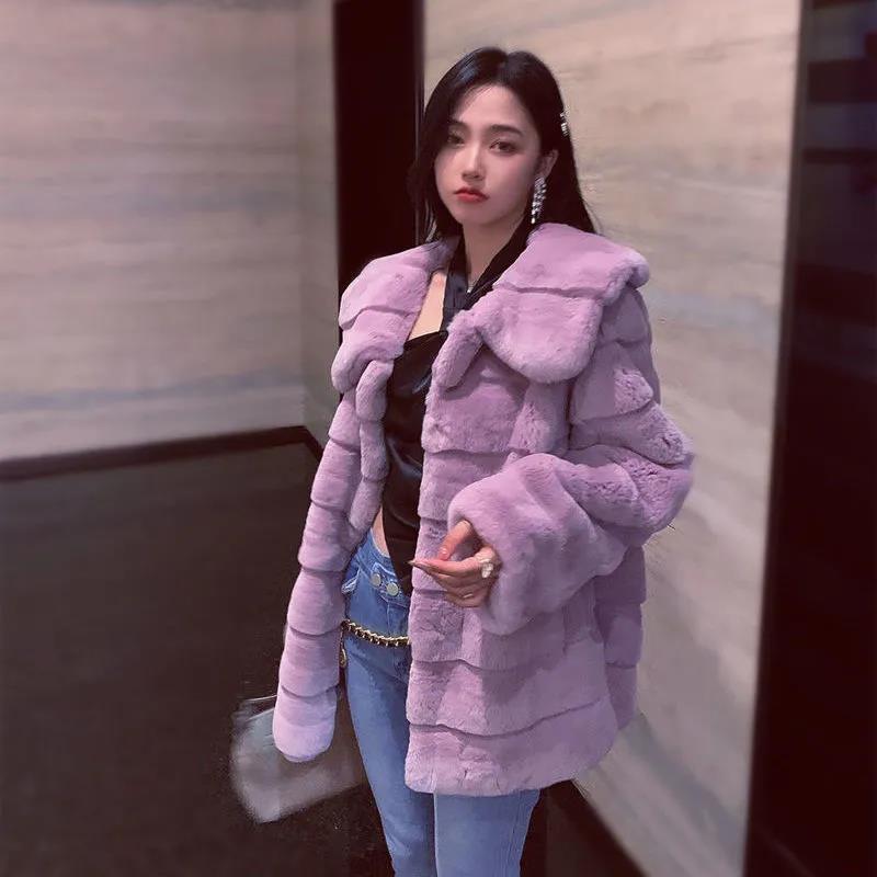 Buy 2021 Winter Faux Rabbit Fur Coat Women Lapel Fur Jacket Stripe ...