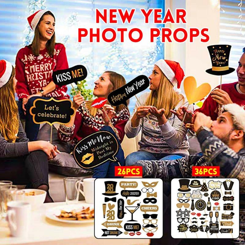 Buy 26/28/36PCS Happy New Year Banner Photo Booth Prop Mask Moustache ...