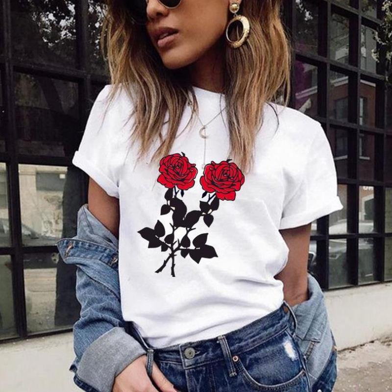 Satın alın Fashion Red Rose Print T Shirt Women Short Sleeve O Neck ...