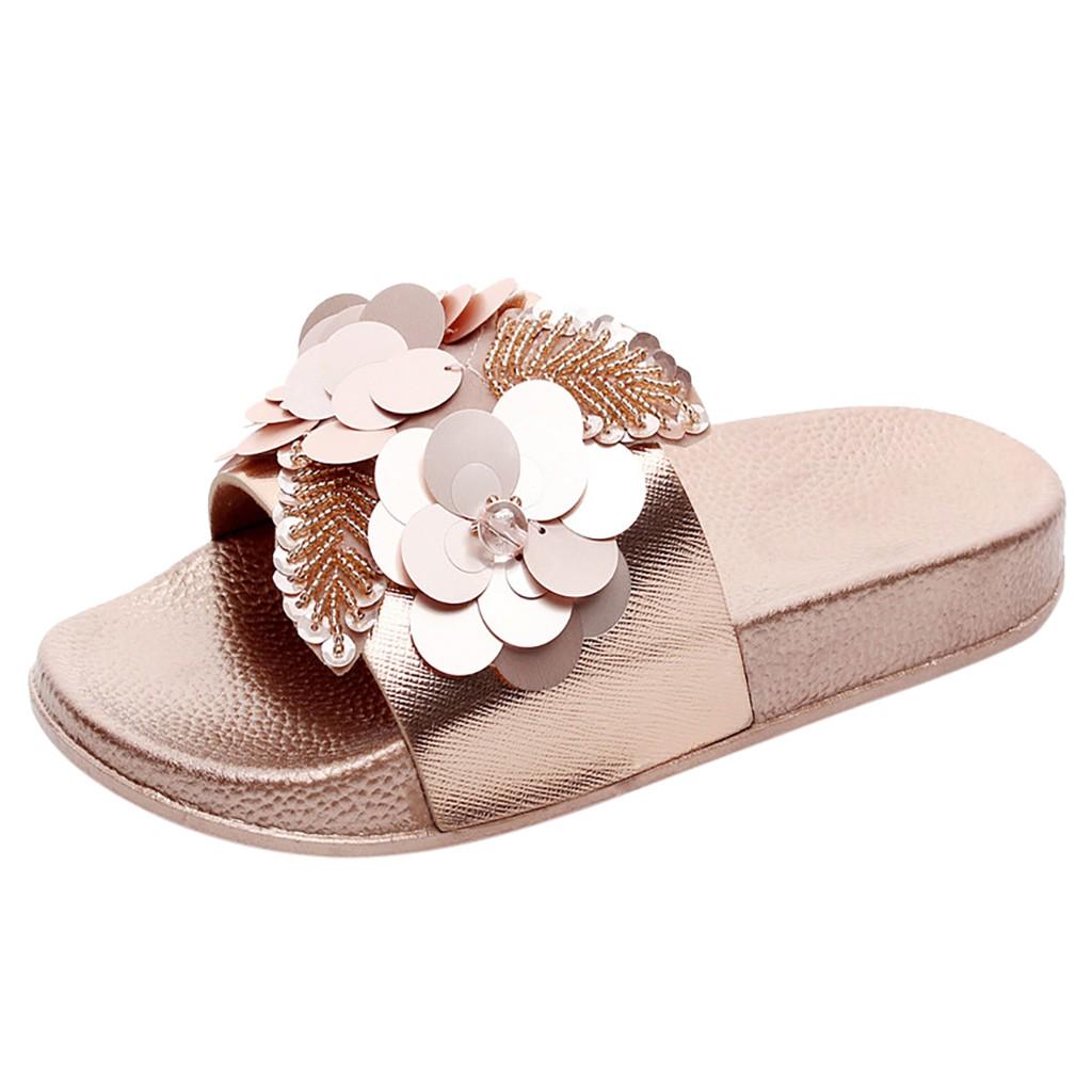 Buy Womens Diamante Sparkly Sliders Sequin Flower Slippers Shoes Flat ...