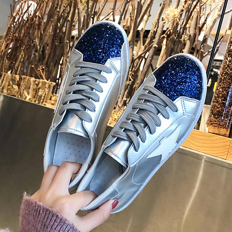 Buy Vintage Women Blue Sequin Shoes Female Casual Dirty Canvas ...