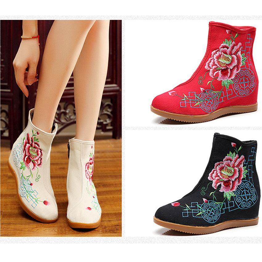 Buy Women Embroidered Boots Ankle Warm Floral Boot 7cm Tendon Sole ...