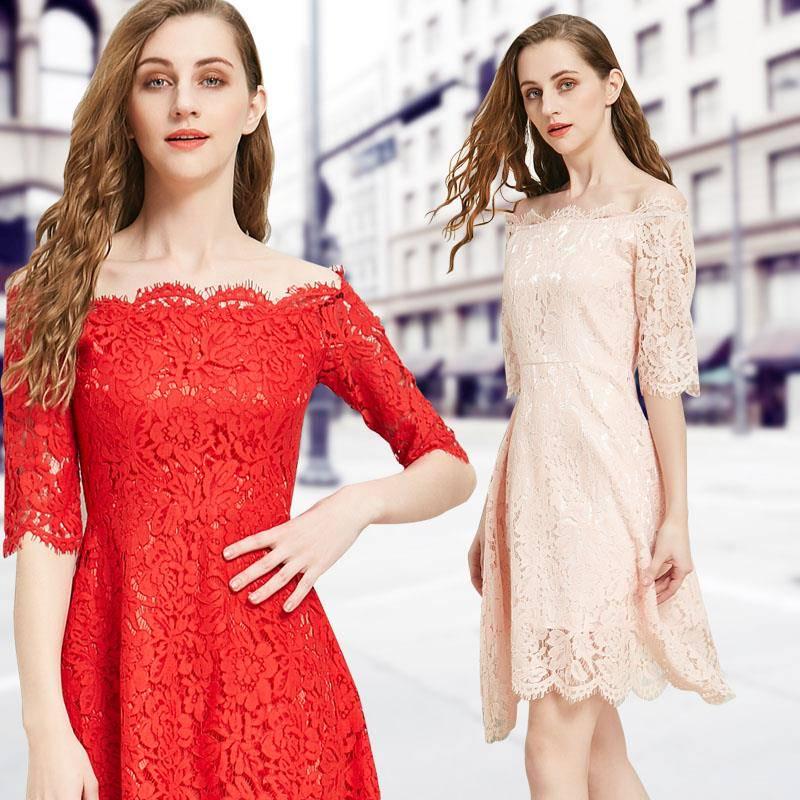 Buy Fashion Summer Off -Shoulder Sexy Slash Neck Red Lace Dress Knee ...