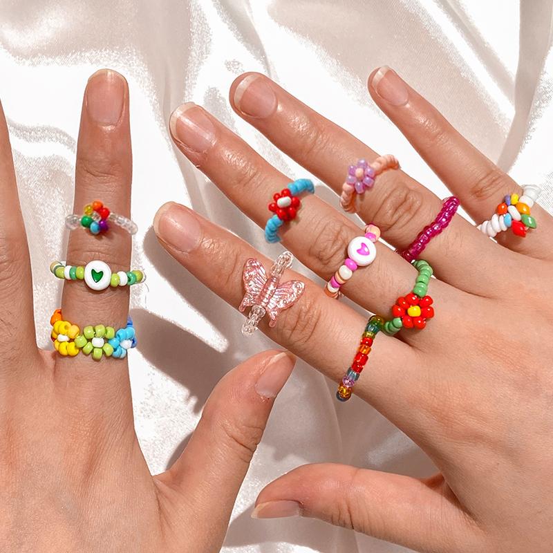 Buy Bohemian Handmade Colourful Flower Heart Beaded Rings for Women ...