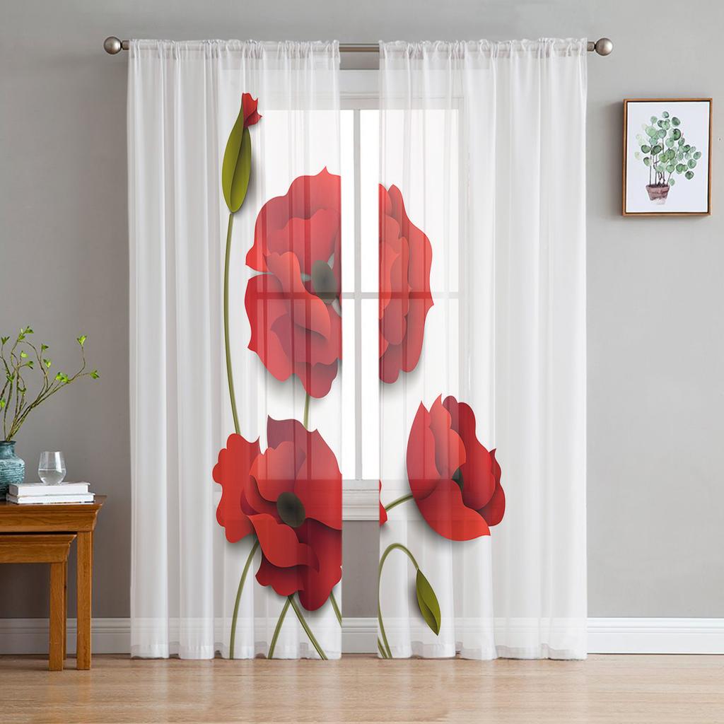 Cheap Red Flower Poppy Flower Tulle Curtains for Living Room Decoration ...