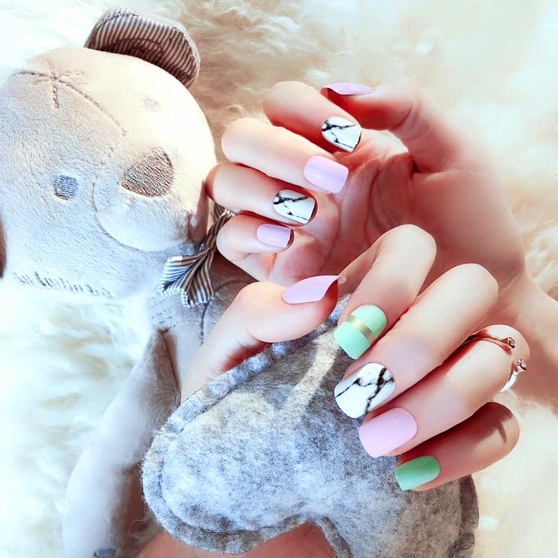 Buy Finished Marble Toe Nails 24 Pieces of Fake Nails White Pink Blue ...