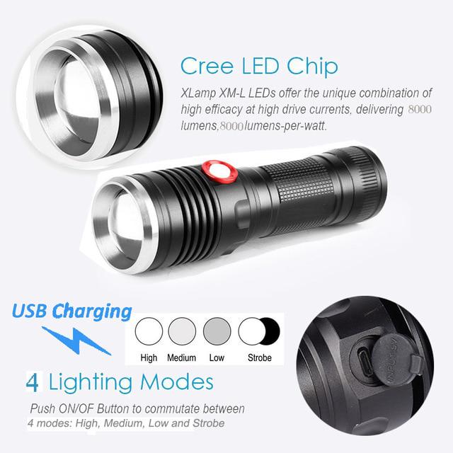 USB LED Tactical Flashlight CREE XM-L2 Aluminum Torch Power Reminder ...