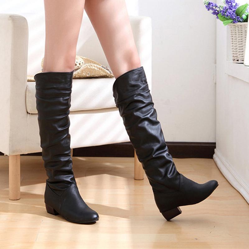 Buy Women Fashion Winter Mid-Calf Leather Black White Brown Flat Heels ...