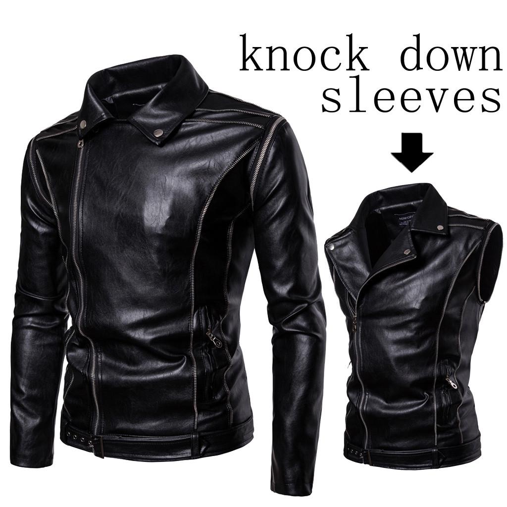 Buy Men Vintage Cool Jacket Leather Long Sleeve Autumn Winter Stand ...